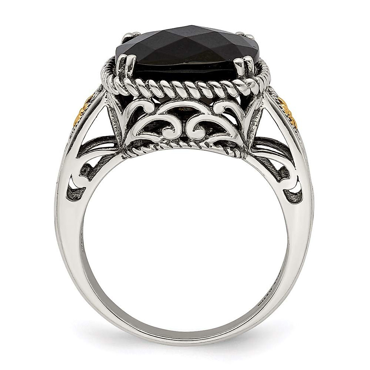 925 Sterling Silver and 14k Yellow Gold Onyx Ring Fine Jewelry For Women Gifts For Her, Size 7