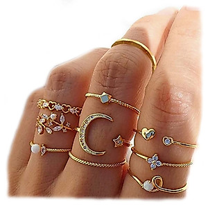 NORLSO Gold Stacking Rings for Women Fashion Style Gold Rings Set Butterfly Knuckle Rings Snake Rings Moon Star Rings Heart Stacking Rings