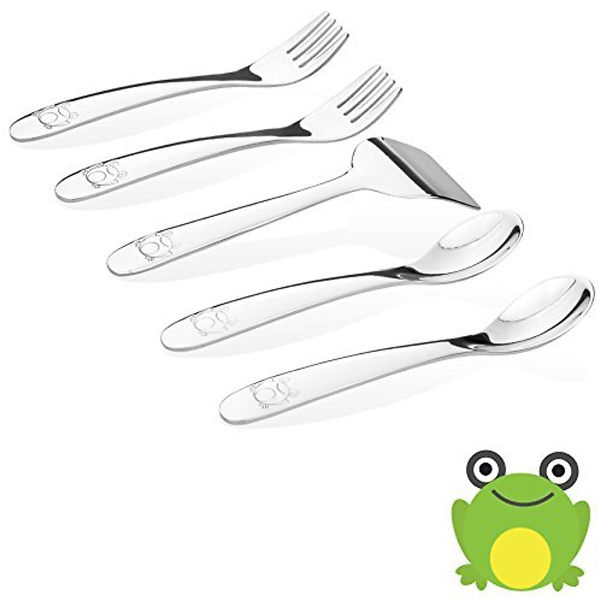 Kiddobloom Baby Stainless Steel Utensil Set, Frog Model, High Grade Stainless #304 (18/8) 5pc Set (2 Baby Spoons, 2 Baby Safe Forks, 1 Baby Butter Spreader). Elegant Baby Keepsake