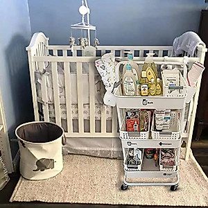 JOLEAD Baby Diaper Caddy Organizer Cart Movable, 3-Tier Sturdy Newborn Nursery Essentials Storage Cart for Changing Tables, with Mesh Baskets Hanging Cups and Sticker, Easy to Assemble