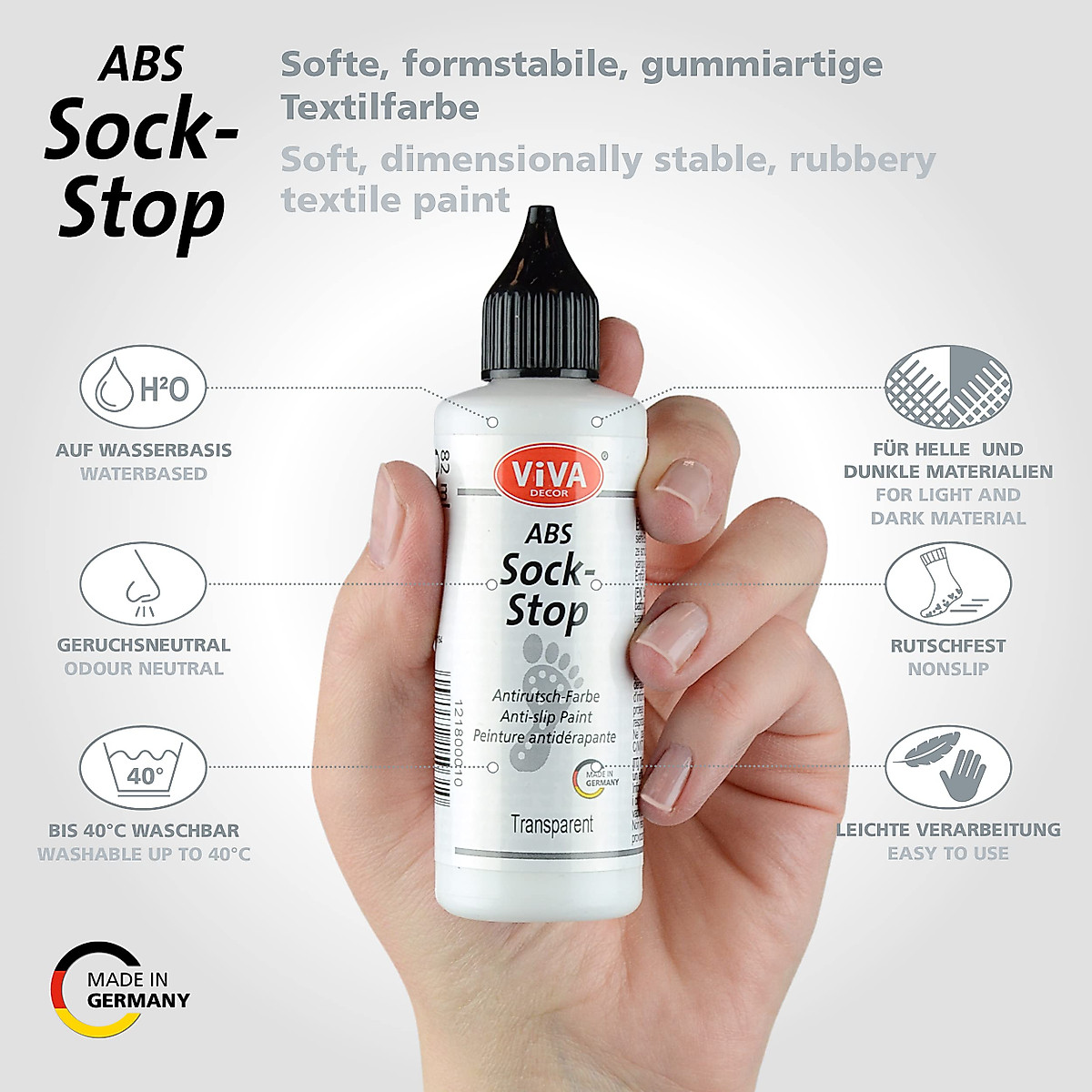 Viva Decor Sock Stop Non Slip Transparent Liquid 2,77 fl oz,ABS Anti Skid Fabric - Liquid Anti-Slip for Socks - Made in Germany