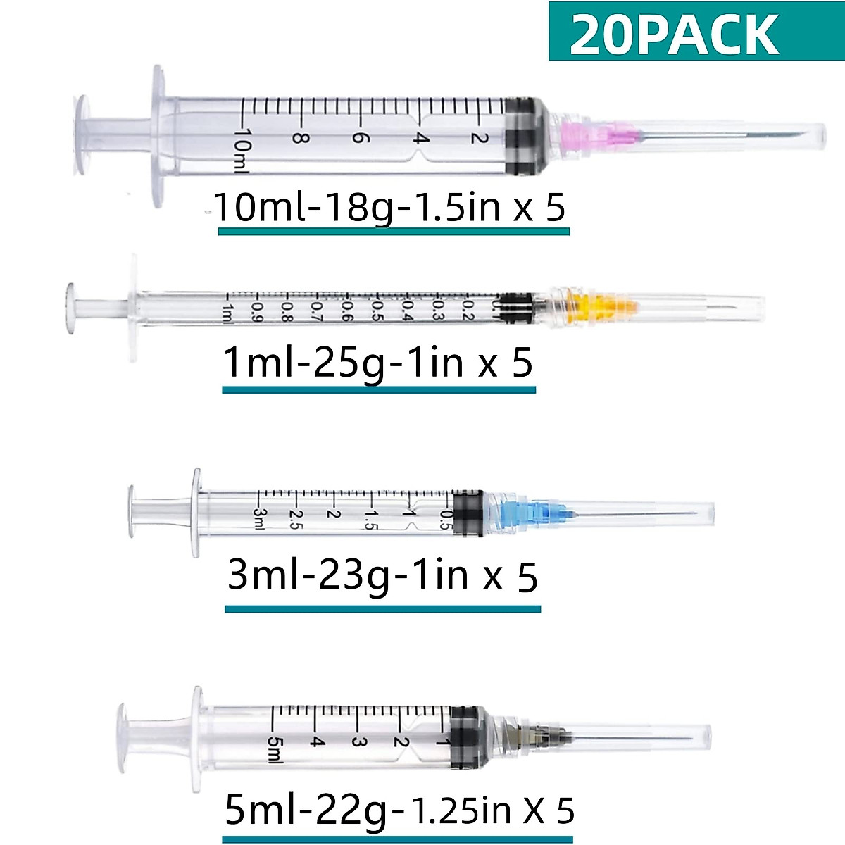 20 Pack Plastic Syringe Luer Lock with Needle - 10ml, 5ml, 3ml, 1ml Syringes and 18Ga, 22Ga, 23Ga, 25Ga Needle, Individually Sealed Package