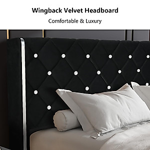 4 EVER WINNER Queen Size Bed Frame with 4 Storage Drawers, Velvet Tufted Diamond Platform Bed Frame with Upholstered Wingback Headboard, Heavy Duty Solid Wood Slats Support, No Box Spring Need, Black