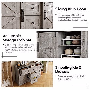 Vabches Farmhouse Sideboard Buffet Cabinet with Storage, Large Kitchen Sideboard Cabinet, Sliding Barn Doors and 5 Drawers, Adjustable Shelves, Coffee Bar Table for Dining Room, Light Rustic Oak