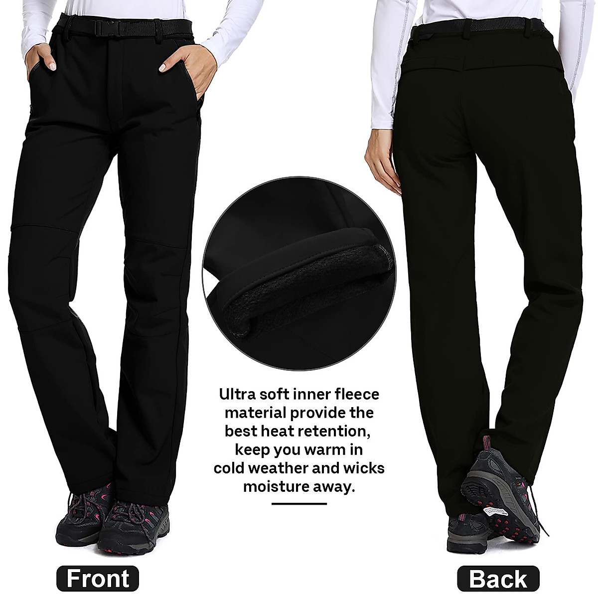 Women's Hiking Waterproof Pants Outdoor Windproof Fleece lined Soft Shell Insulated Winter Pants Fishing Safari Travel, Black 6