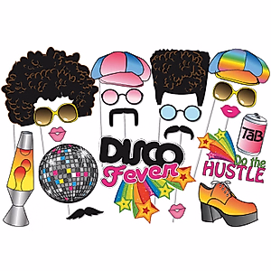 Medoore 70's Photo Booth Props, 1970s Disco Throwback Party Theme Photo Booth Props Decorations, 20 Pieces with Wooden Sticks for Hippie Party, Disco Fever Party, Woodstock Party