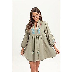 Aofur Women Bohemian Vintage Embroidered Cotton Spring Shift Mini Dress Long Sleeve Casual Tops Blouse (Medium, SR069 Green)