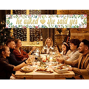He Asked She Said Yes Backdrop Banner Decorations, Large Wedding Engagement Party Sign Supplies, Bridal Shower Photo Booth Props Decor (9.8x1.6ft, 2pcs)