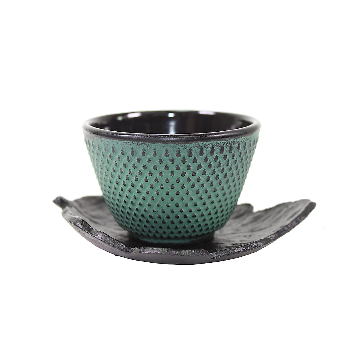 1 Black Leaf Teacup Saucer + 1 Green Polka Dot Hobnail Japanese Cast Iron Tea Cup Teacup ~ We Pay Your Sales Tax