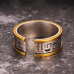 Copper and 925 Sterling Silver Eye of Horus Ring Two Tone Ancient Egyptian Hieroglyphics Band Ring Punk Jewelry for Men Women Open and Adjustable 8mm Size M