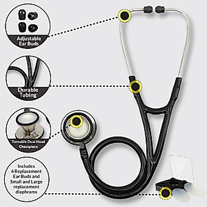 Dixie EMS Deluxe Cardio-Clinical Cardiology Dual Head Stethoscope for Paramedics and Nurses, 4 Ear Tips, Replacement diaphragms - Black