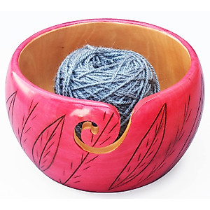 Premium Wooden Yarn Bowl for Crocheting & Knitting 7" x 4" - Large Yarn Bowl Holder - Wooden Yarn Storage Bowl - Crocheting Accessories & Gifts for Mom - Leaves Design Pink