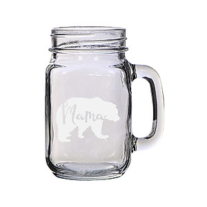 Parent Bear Negative Space Text Silhouette Engraved Etched 16 oz Mason Jar Glass Mug for Beer Tea Laser Engraved for Birthdays, Holidays, Anniversary, For Him, for Her, Gift (Mama Bear)