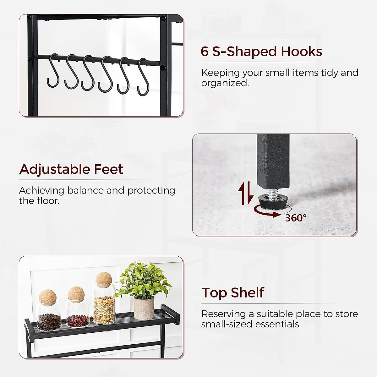 MAHANCRIS Bakers Rack with Charging Station, Microwave Stand with 6 S-Shaped Hooks, 4-Tier Storage Rack, Practical Coffee Bar, for Kitchen, Dining Room, Rustic Brown BRHR35E01