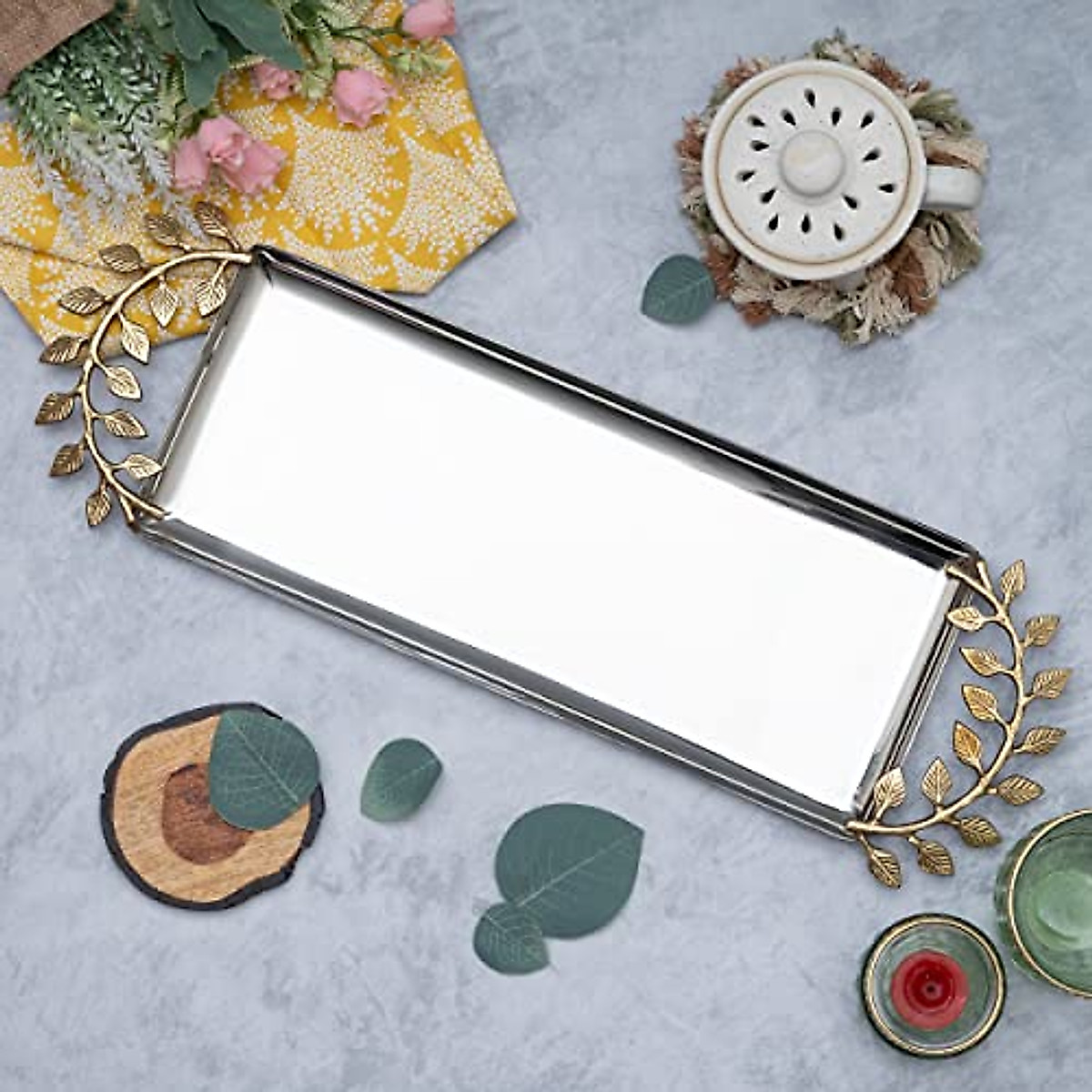 21" Long Decorative Golden Vine Oval Centerpiece Silver Serving Tray with Accents by Gute - Stainless Steel Metal & Brass, Gold Leaves Trim Accent Design, Serveware Foods Home Decor Gifts