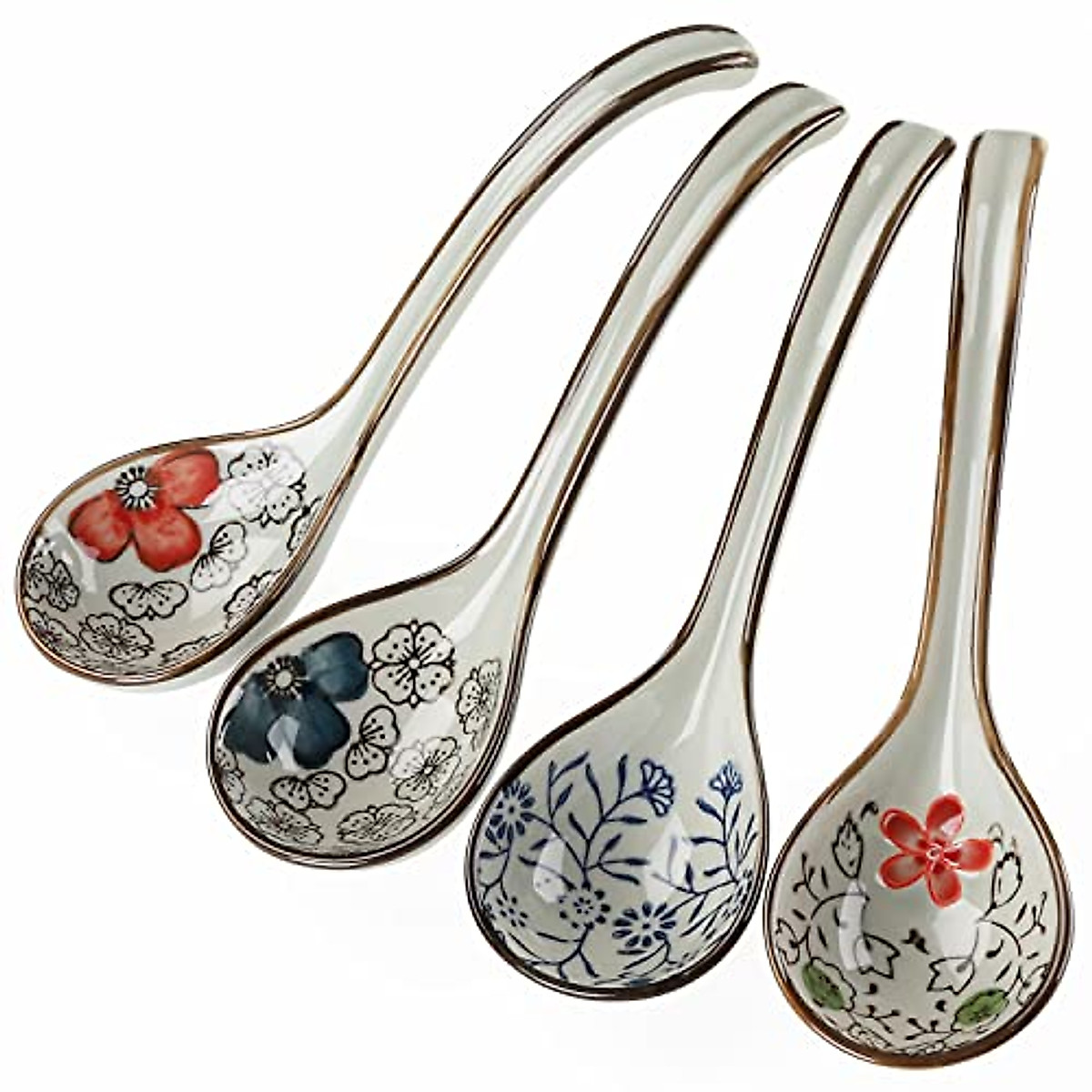 Ceramic Soup Spoons Set of 4 Porcelain Japanese Soup Spoon Long Handle Asian Soup Spoon Sets for Pho Ramen Noodles Wonton Dumpling Rice (Model 2#)