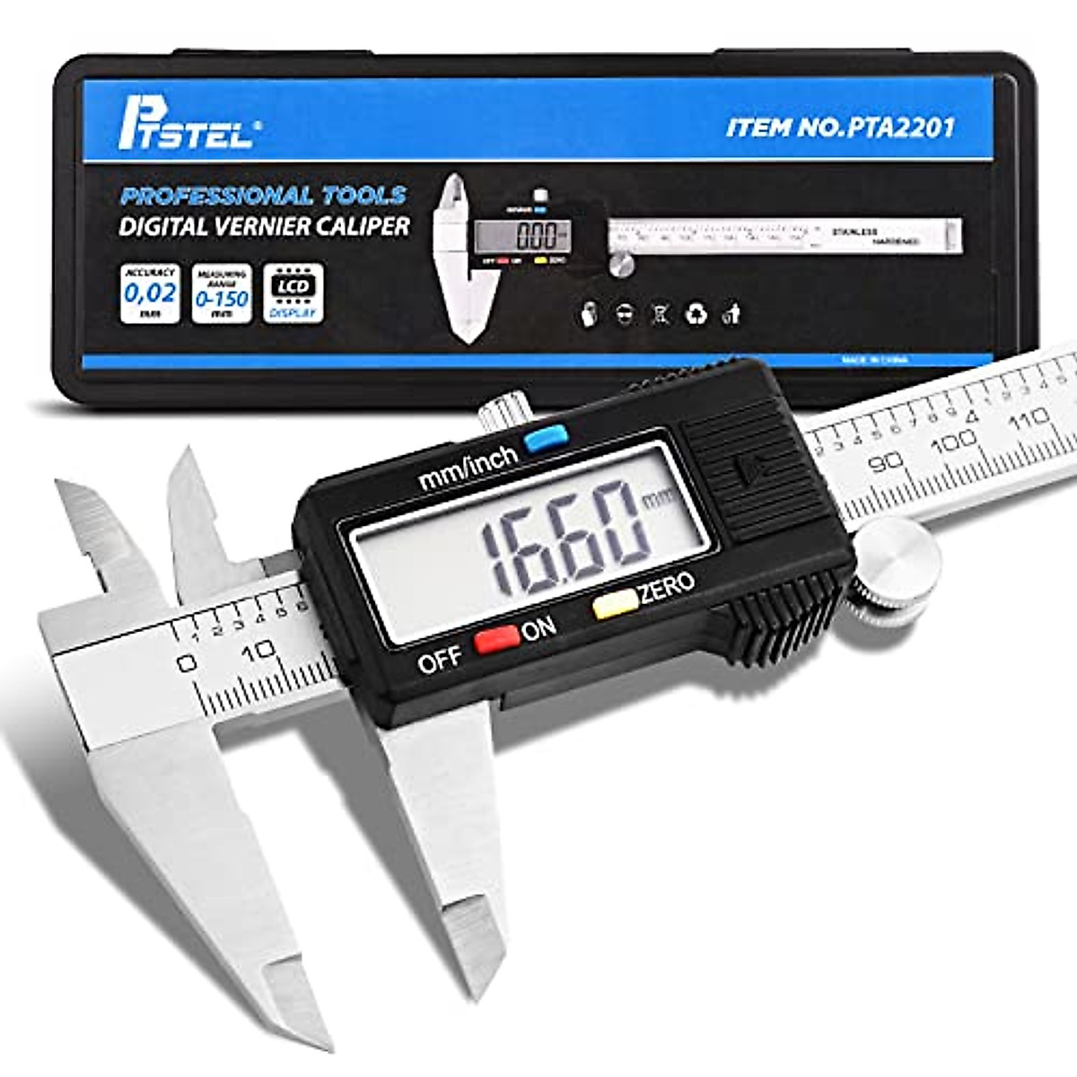 PTSTEL Digital Caliper, 6 Inch Electronic Digital Caliper Measuring Tool Accuracy with Large LCD Screen, Auto-Off Feature, Inch and Millimeter Conversion Stainless Steel Calipers for DIY/Household