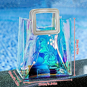 inheming Holographic Clear Tote Bag, Women Fashion Iridescent Hand Bag, Waterproof PVC Handbags for Work, Shopping, Beach, Stadium