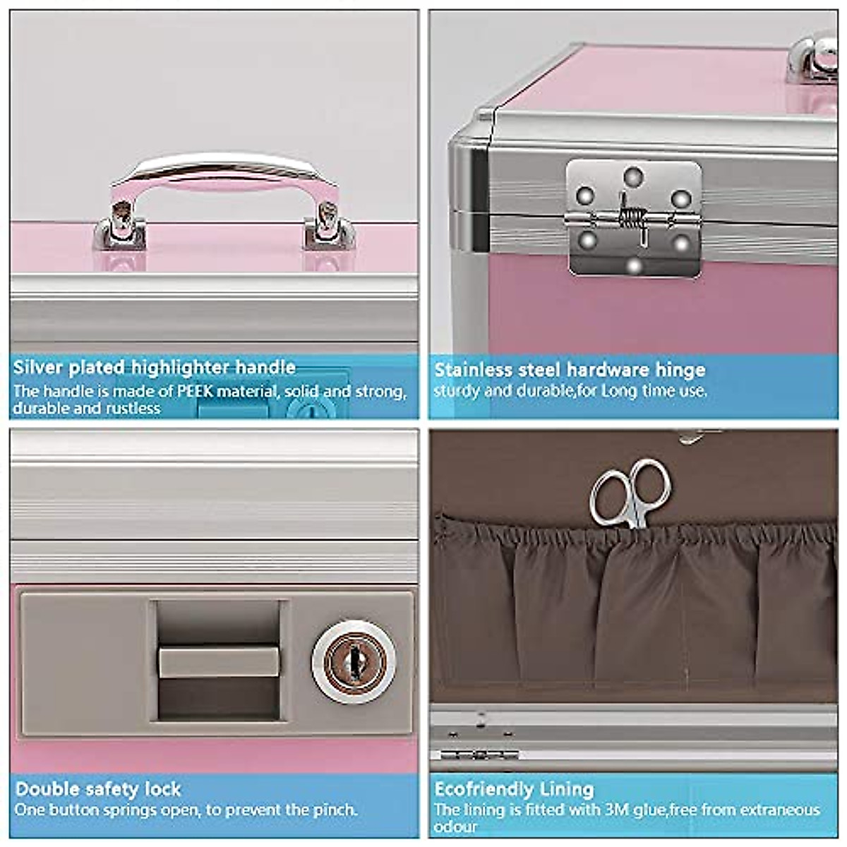 xydstay Medicine Lock Box,First Aid Safe Medication Storage Box,Layered Aluminum Daily Medicine Cabinet Family Use,12.2" x 7.9" x 7.5", Pink