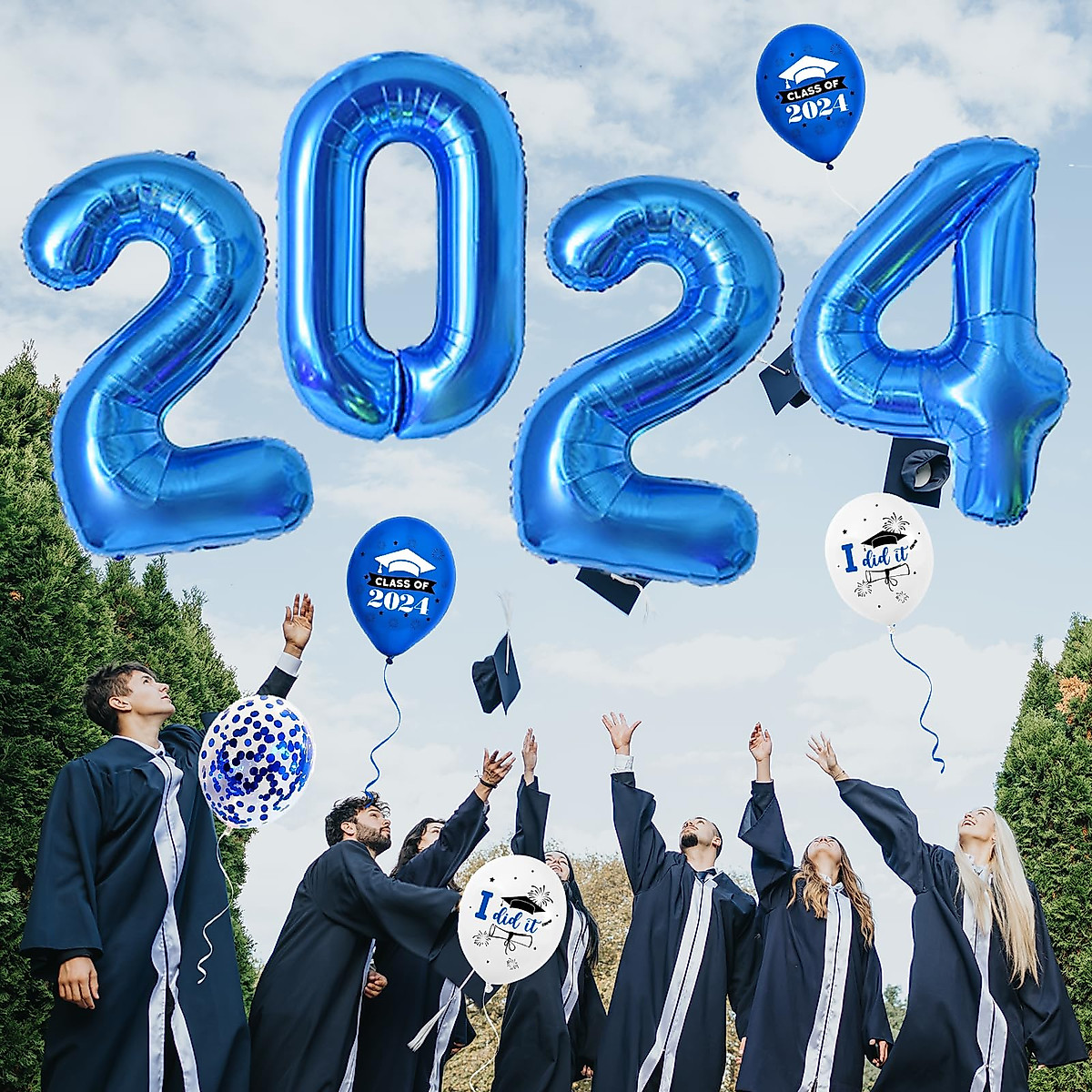 DMIGHT Blue Graduation Party Decorations Class Of 2024 Graduation Party Supplies with Grad Backdrop, Porch Sign with Led-Light Strips, Photo Booth Props,2024 Foil Balloons for Graduation Party