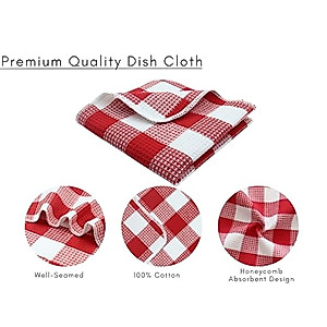 Waffle Weave Plaid Dish Cloths, 100% Cotton - 12 x 12 Inches, Ultra Soft Absorbent Quick Drying Dish Towels Buffalo Check Dish Rags for Kitchen, 8 Pack - Spring Summer Easter - Red & White