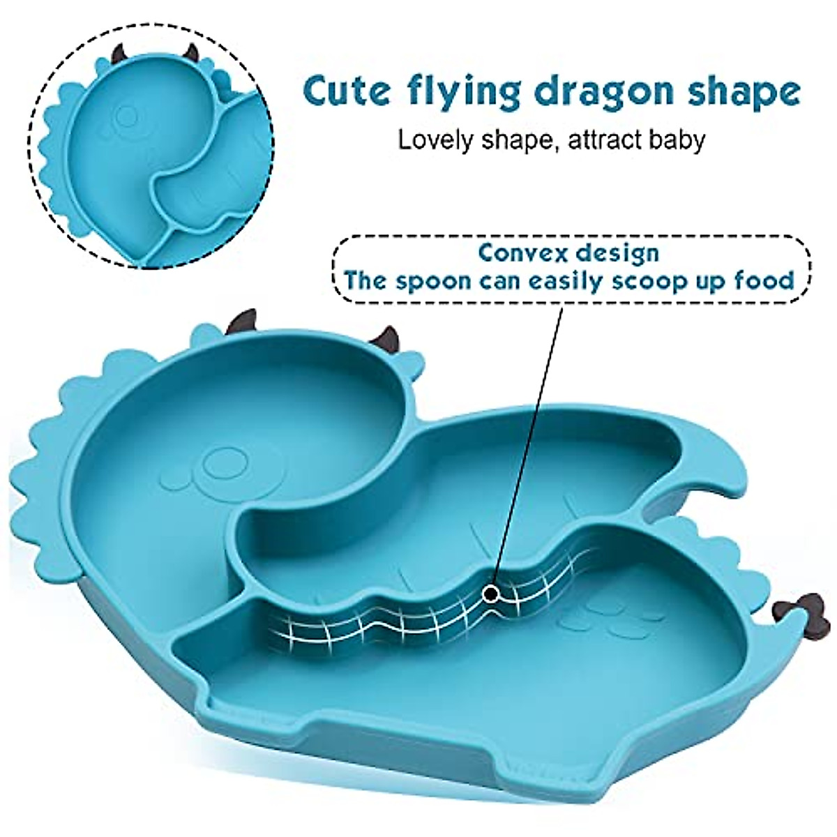 Qshare Toddler Plate, Portable Baby Plates for Toddlers and Kids, BPA-Free Strong Suction Plates for Toddlers, Dishwasher & Microwave Safe Silicone Placemat 9x6x1.5 inch Flydino-Lake Blue