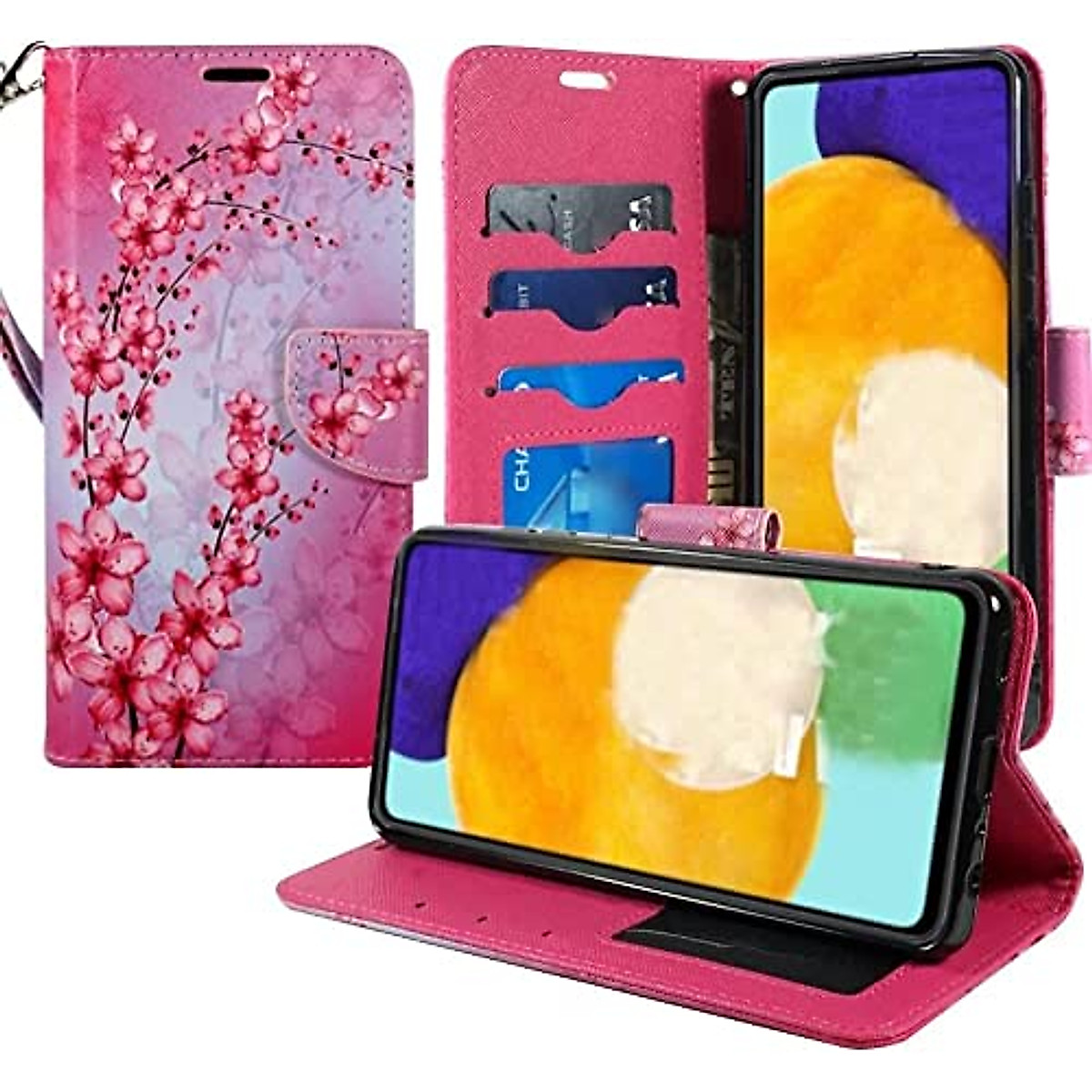 Zase Design Cover for Samsung Galaxy A54 5G Protective Wallet Phone Case Cute Woman Girls Premium PU Leather Flip Folio w/Kickstand ID Card Slot Wrist Strap Magnetic Lock (Pink Cherry Blossom)