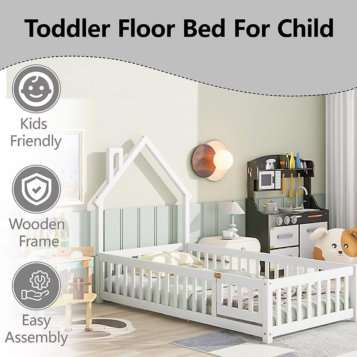 TURRIDU Twin Size Montessori Floor Bed with Fence and Door, House-Shaped Headboard Floor Bed with Full-Length Guardrails, Floor House Bed for Children Girls Boys, No Weight Limit, White