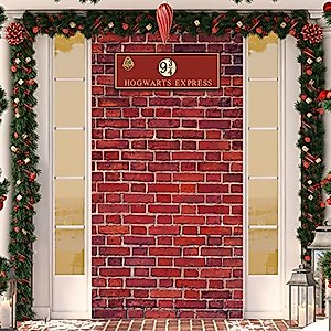 Brick Wall Backdrop Platform 9 and 3/4 King's Cross Station, Party Backdrop Door Curtains for Halloween Party, Christmas, Birthday Gifts, Outdoor and Indoor Photo Props Brick Wall Decoration, Red