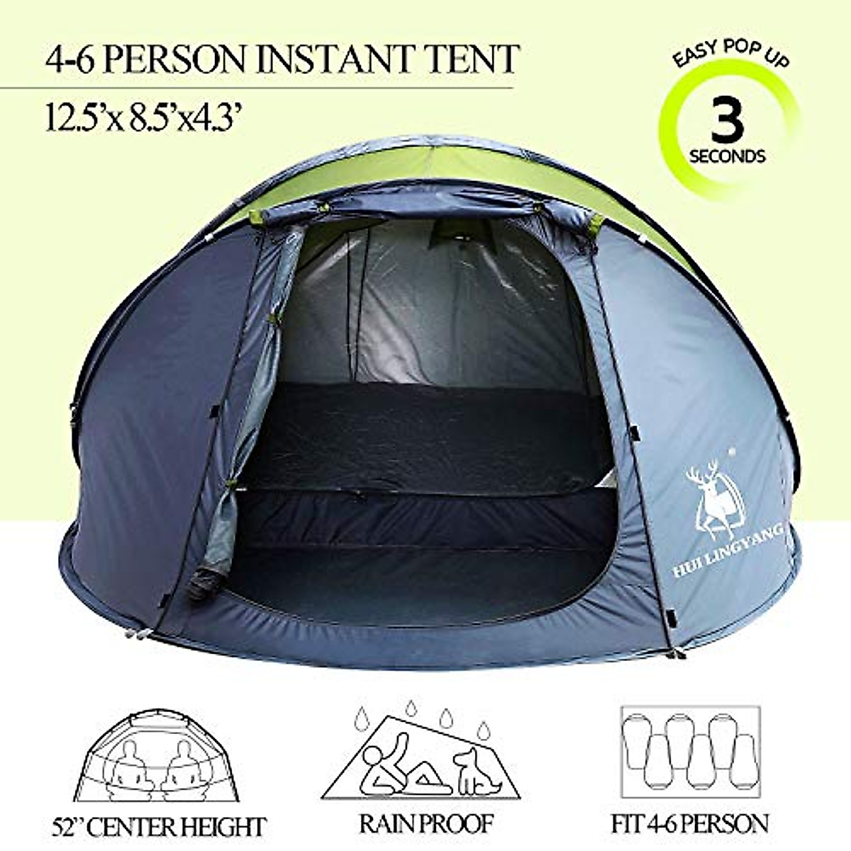 HUI LINGYANG 6 Person Easy Pop Up Tent,12.5’ x 8.5‘ x53.5,Automatic Setup,Waterproof, Double Layer,Instant Family Tents for Camping,Hiking & Traveling,Green