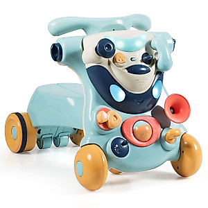 HONEY JOY Sit-to-Stand Learning Walker, 3-in-1 Push Pull Baby Walker W/Wheels, Convertible Ride On Toy Car, Kids Educational Activity Center W/Sound & Light for Toddler Infants Boy Girl (Blue)