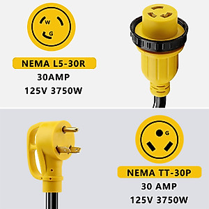 HOZHEM 30 Amp to 30 Amp RV Power Adapter Cord, NEMA TT-30P to L5-30R Generator Adapter Electrical Connector, with Locking Connector Plug, 1.5FT