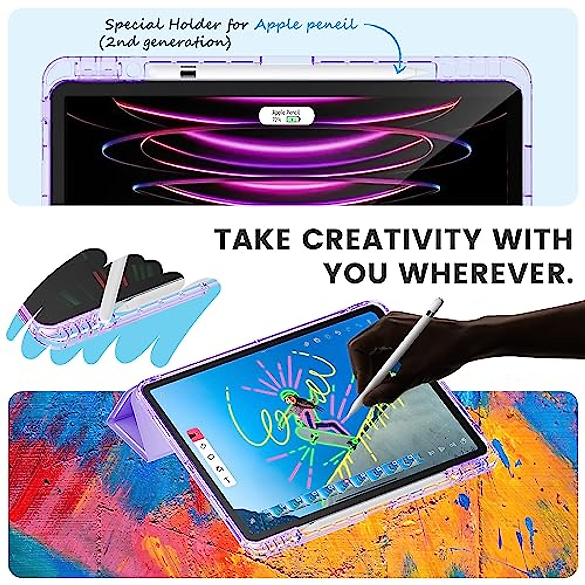 INFILAND Compatible with iPad Pro 12.9 Case 2022/2021(6th/5th Gen), [Crystal Clear Both Back & Frame] Anti-Yellowing + Pencil Holder (A2378, A2461, A2379, A2462, A2436, A2764, A2437, A2766) Purple