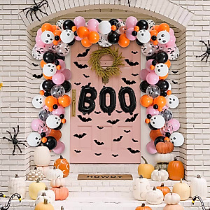 100Pcs Halloween Balloon Arch Garland Kit,Pink Black Orange Halloween Balloons Arch with BOO Foil Balloons,Skull Balloons,Bats Wall Stickers for Halloween Theme Party,Halloween Day Party Decorations