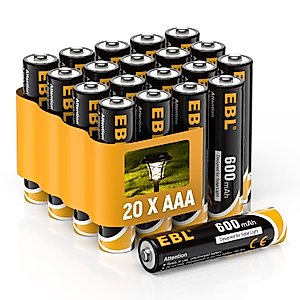 EBL Rechargeable AAA Batteries AAA Solar Battery for Outdoor Solar Lights Garden Light Replacement 1.2V 600mAh Battery AAA Size - 20 Packs