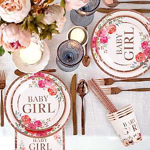 Baby Shower Decorations for Girl Pink and Rose Gold Floral Baby Shower Decor with It's A Girl Backdrop and Baby Girl Plates and Napkins for Sweet Baby Girl Shower Supplies Serves 20 Guests