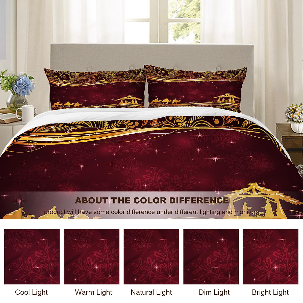 BaoNews Christmas Wise Men Duvet Cover Set Queen Size,3 Pieces Golden Star of Bethlehem Golden Floral Bedding Set Hotel Quality 100% Cotton Comforter Cover Set with 2 Pillowcases(No Filler)