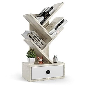 Tangkula 5 Tier Tree Bookshelf with Drawer, Rustic 5 Shelf Space Saving Corner Bookcase, Retro Wooden Utility Organizer Shelves for Books/CDs/Movies, Open Display Shelf for Home Office (Beige, 5 Tier)