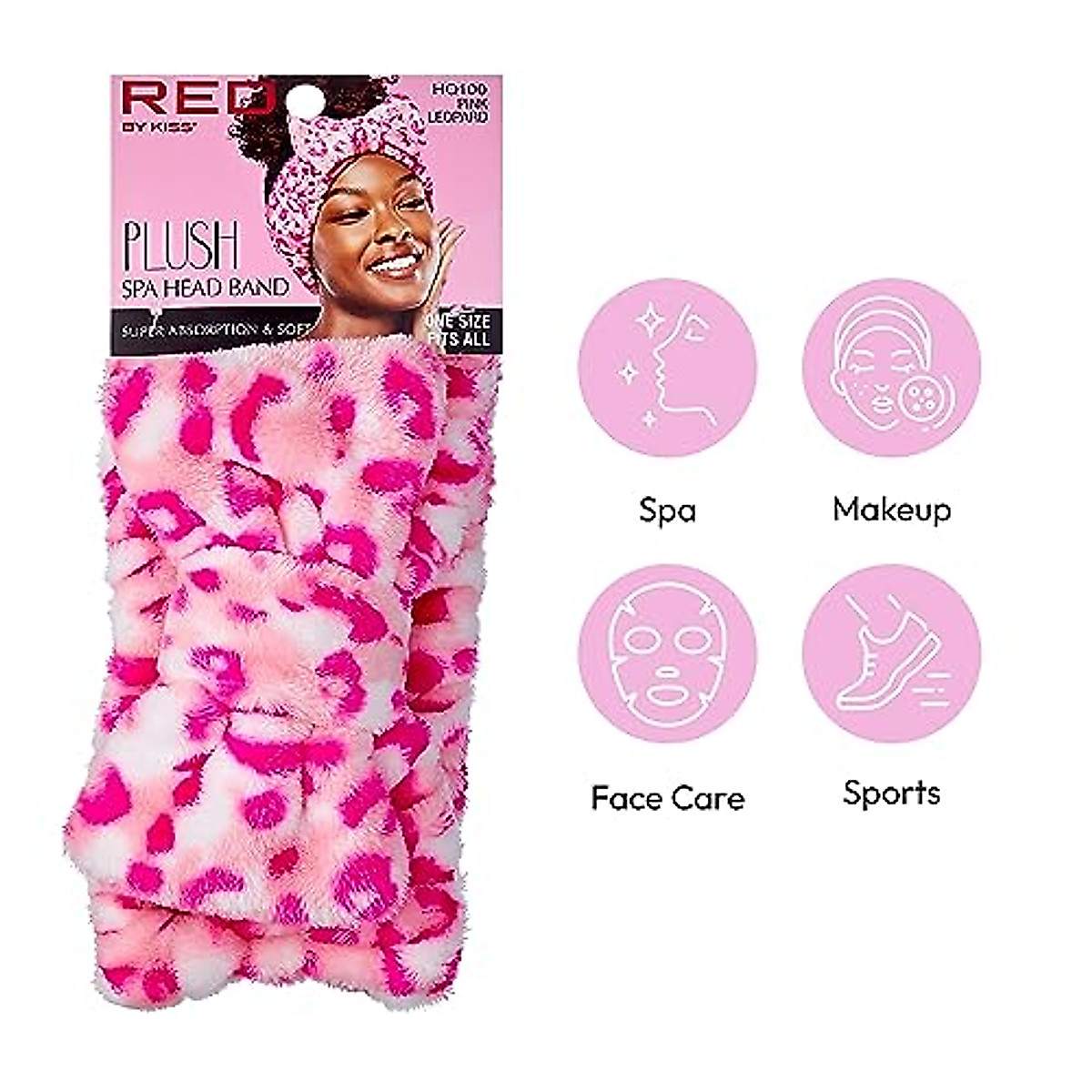 Red by Kiss Spa Headband for Washing Face Facial Makeup Bow Head Band Soft Plush Fleece Stretchy Head Wraps for Women Shower Bath Washing Face Mask (PINK LEOPARD)