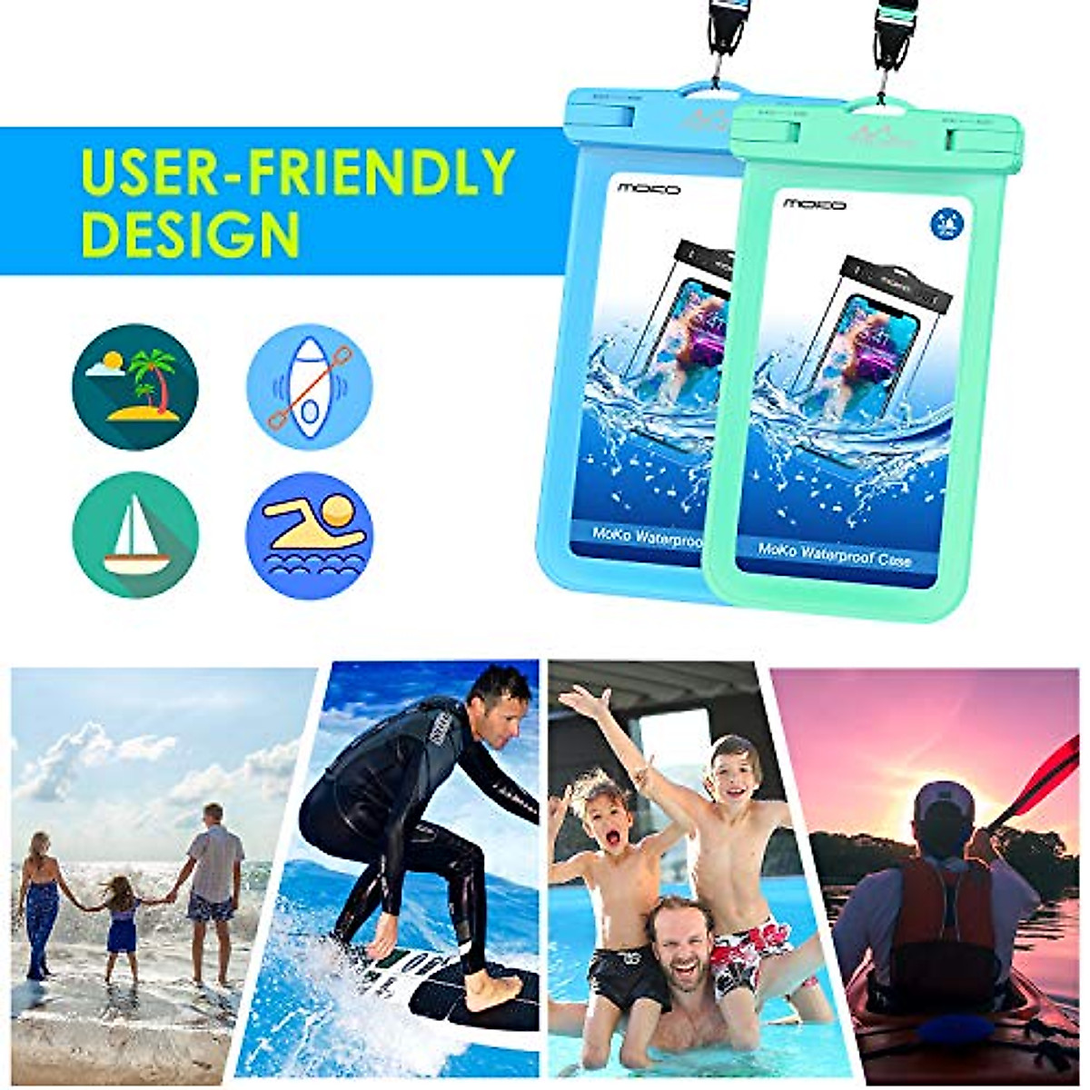 MoKo Waterproof Phone Pouch Holder [2 Pack], Underwater Phone Case Dry Bag with Lanyard Compatible with iPhone 14 13 12 11 Pro Max X/Xr/Xs Max/SE 3,Samsung S21/S10/S9/S8 Plus, Blue+Green