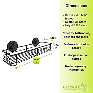 Gecko-Loc 🦎 Large Wide Suction Cup Lock Wall Mount Bathroom Shower Caddy - Wire Storage Basket Rack Organizer - Shampoo Bottle Holder (Black)