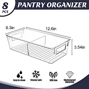 ESARORA Plastic Storage Bin with Lid and Divider, Clear Shallow Pantry Organizer with Handle for Fridge, Cabinet, Kitchen, Bedroom, Closet, Bathroom, Office, Pantry Organization, 8 Pack - 12.6 inch