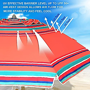 AMMSUN 7ft Heavy Duty HIGH Wind Beach Umbrella with sand anchor & Tilt Sun Shelter, UV 50+ Protection Outdoor Sunshade Umbrellas Carry Bag for Patio Garden Pool Backyard Multicolor Red