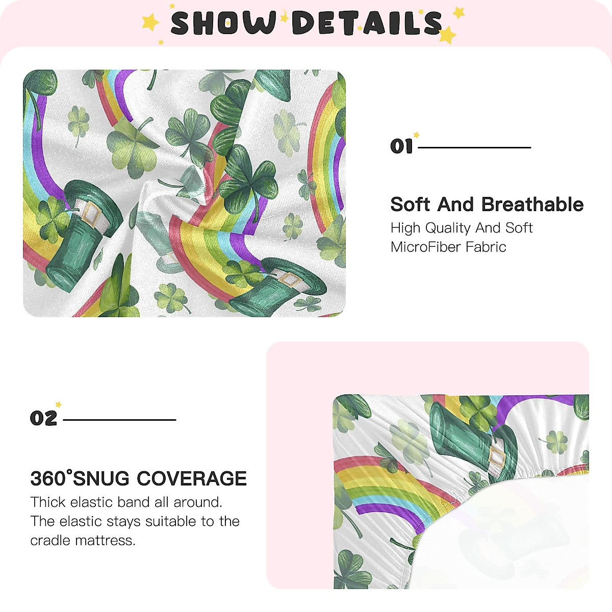 St Patrick's Day Shamrock Baby Crib Sheets Soft Toddler Bed Sheets Breathable Mattress Cover Toddler Sheets for All Seasons Toddler Boys Bed Mattress, 52 * 28 * 9in