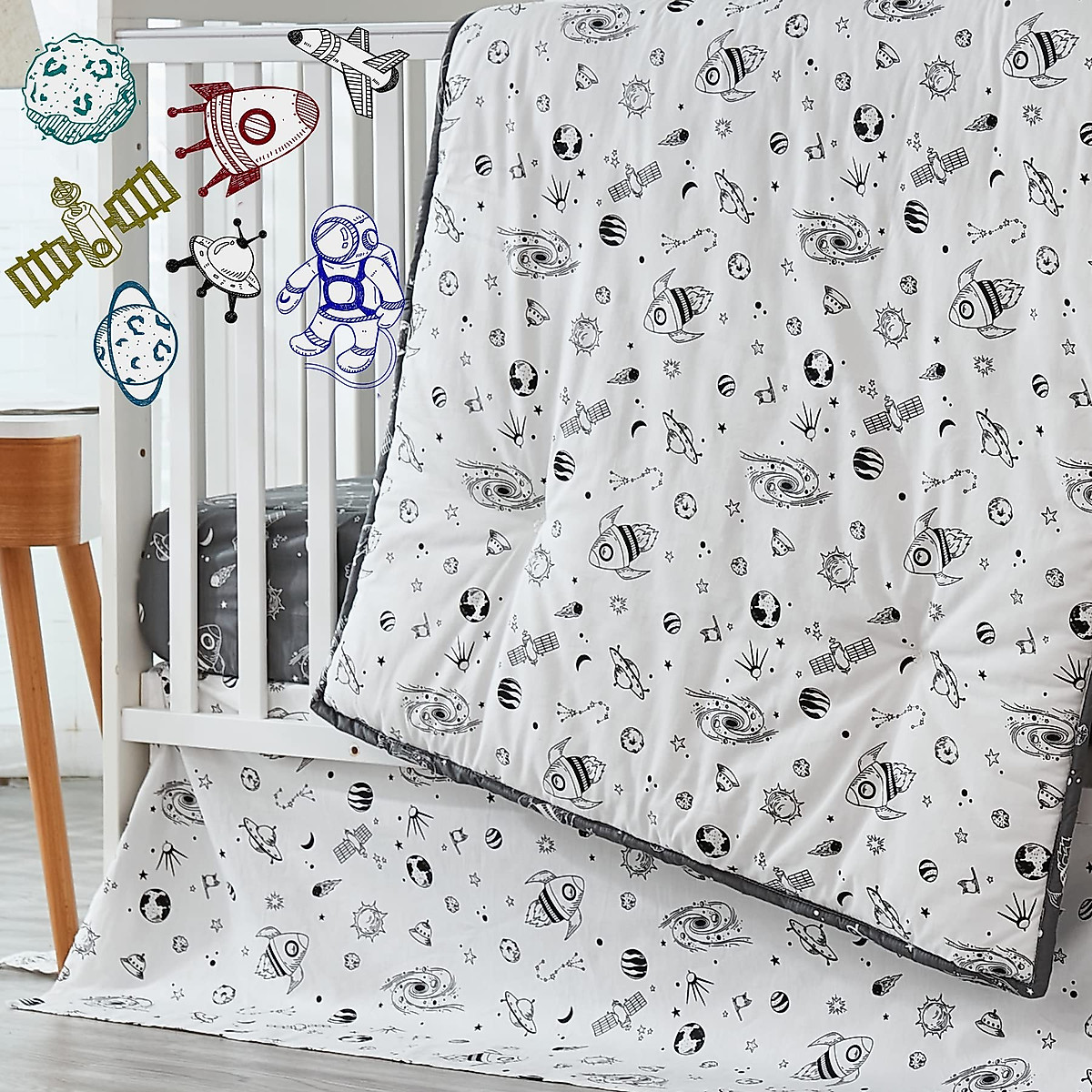 Brandream Milky Way Space Galaxy 3-Piece Baby Boy Girl Nursery Crib Bedding Set with Spaceship Rocket Theme - Black and White Bedding