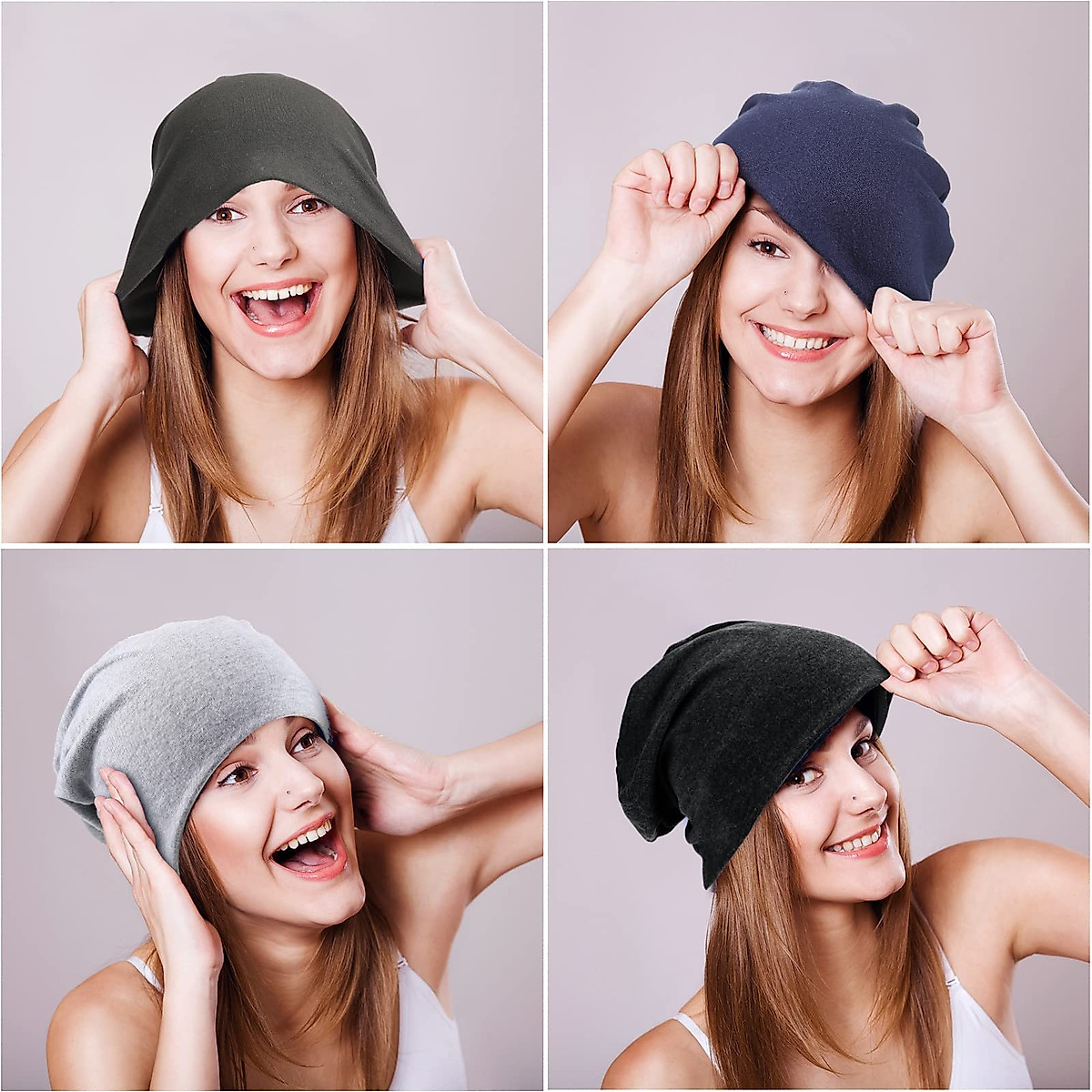 4 Pieces Slouchy Beanie Hat Sleeping Cap Baggy Skull Knit Sleeping Hat Headwear Head Wrap Cap for Men Women (Blue, Deep Gray, Black, Light Gray, Solid Color)