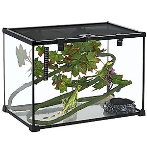 PawHut 14 Gallon Glass Reptile Enclosure with Decor Kit, Crested Gecko Tank, Full View Terrarium Tank with Visually Appealing Sliding Screen Top for Lizards, Frogs, Snakes, Spiders, 20" x 12" x 14"
