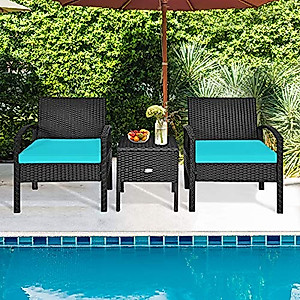 HAPPYGRILL 3-Piece Patio Furniture Set Rattan Wicker Sofa Set with Removable Cushion and Coffee Table with Storage Space, Conversation Bistro Sofa Chairs Set for Garden Poolside Balcony, Turquoise