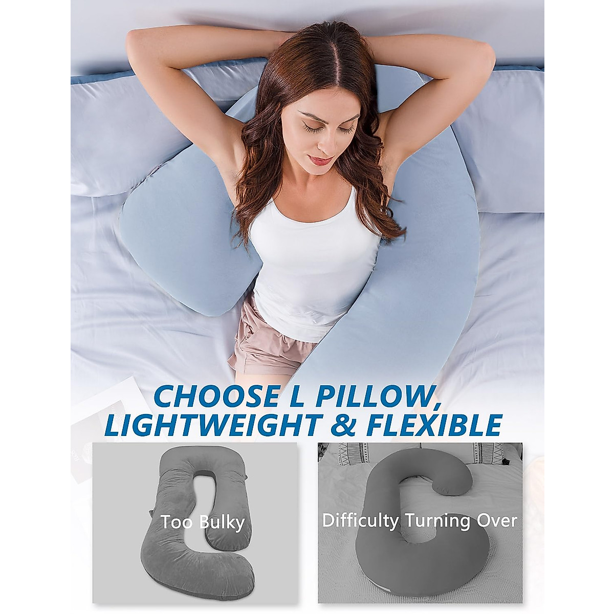 AngQi Body Pregnancy Pillow,L-Shaped Pregnancy Pillow for Side Sleepers,Maternity Body Pillow with Velvet & Jersey Cover, Gray＆Blue