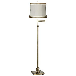 360 Lighting Westbury Modern Swing Arm Floor Lamp Standing 70" Tall Antique Brass Gold Adjustable Ivory Linen Drum Shade with Taupe Trim for Living Room Reading House Bedroom Office